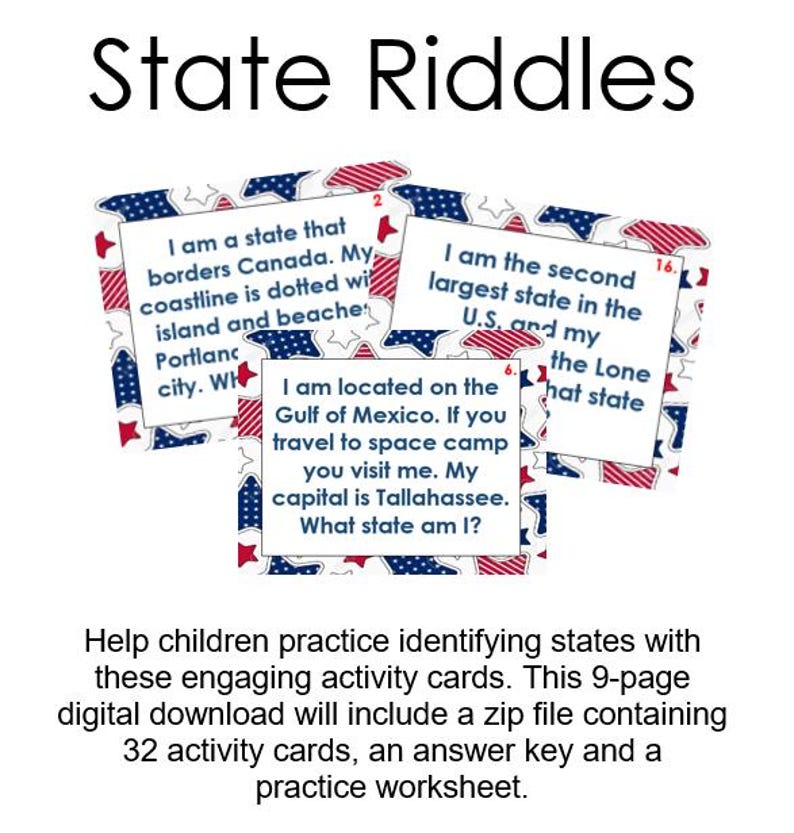 Geography State Riddles Digital Download Learning Game Classroom ...
