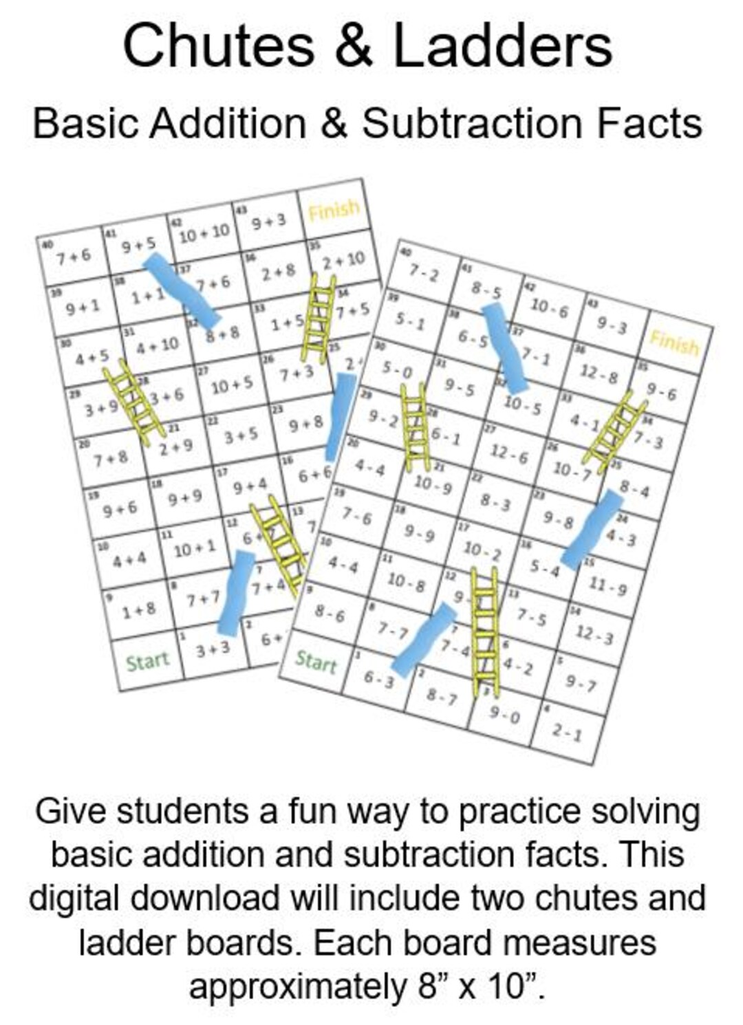 Basic Addition Subtraction Facts Digital Download Math Activity Chutes ...