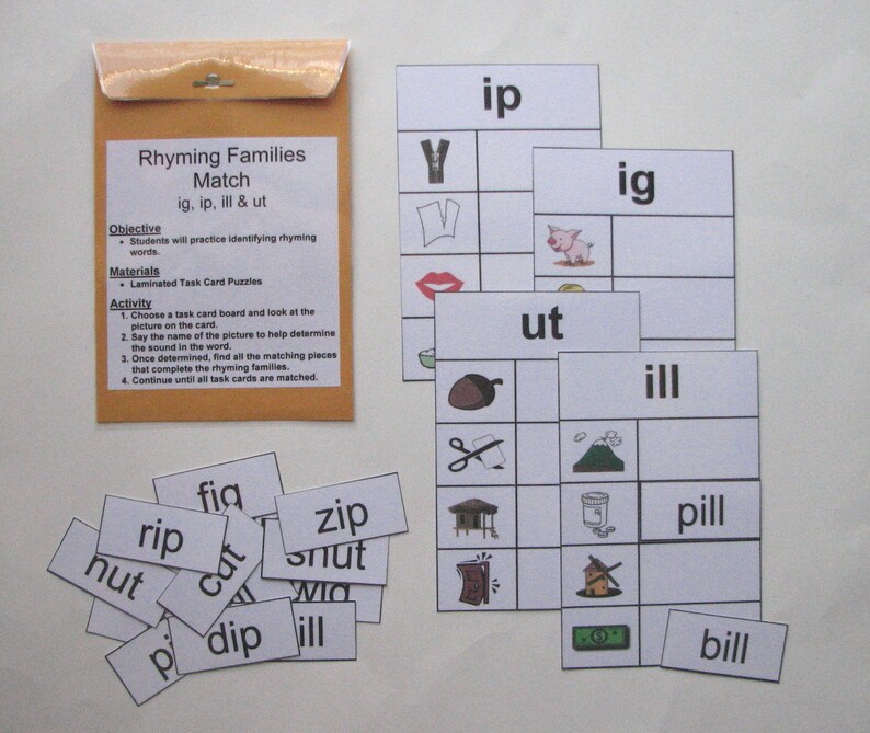 Educational Literacy Center Resource Game Rhyming Families Ig, Ip, Ill ...