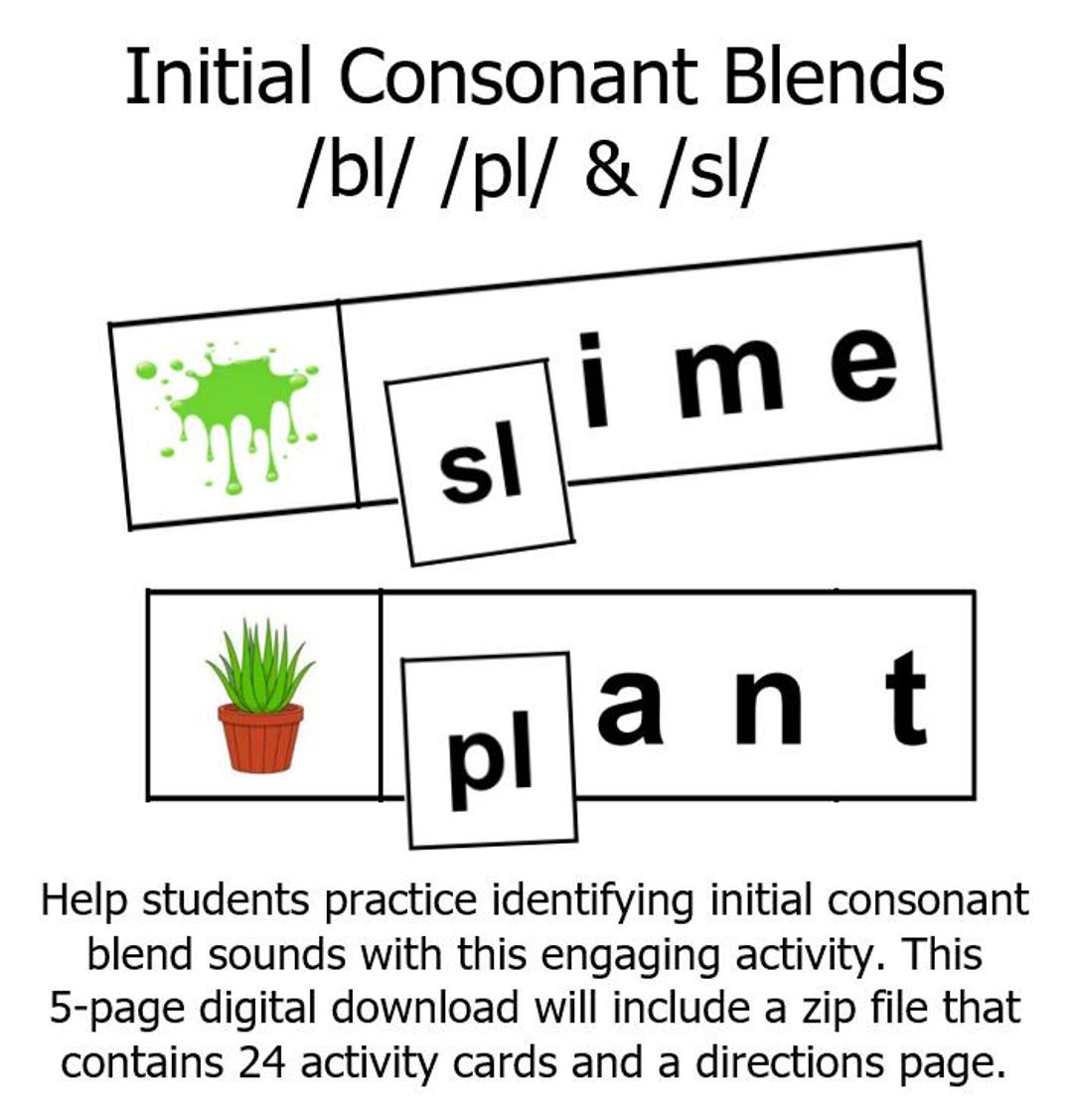Initial Consonant Blends Bl, Pl & Sl Digital Download Literacy Center ...