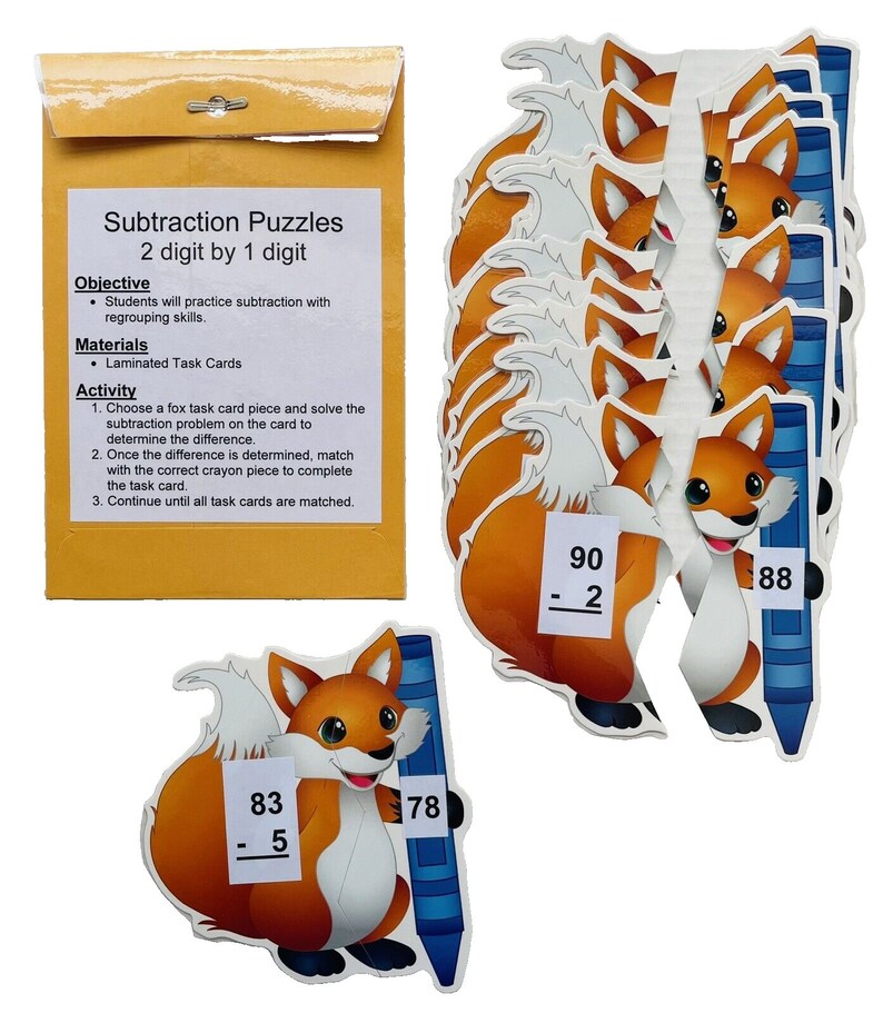 Math Center Educational Learning Resource Game Subtraction Puzzles ...