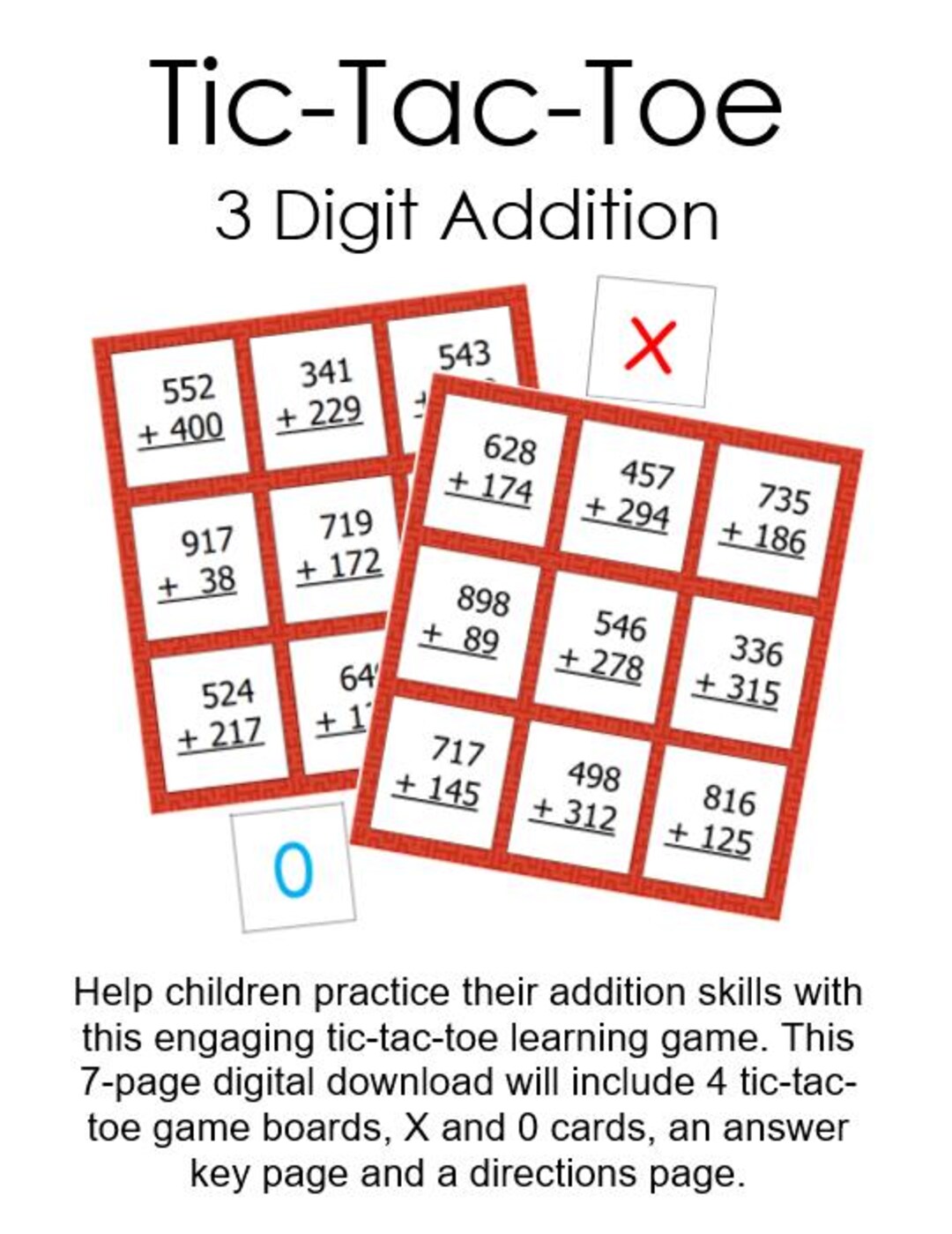 Addition Digital Download Math 3 Digit Addition Tic-tac-toe Game - Etsy