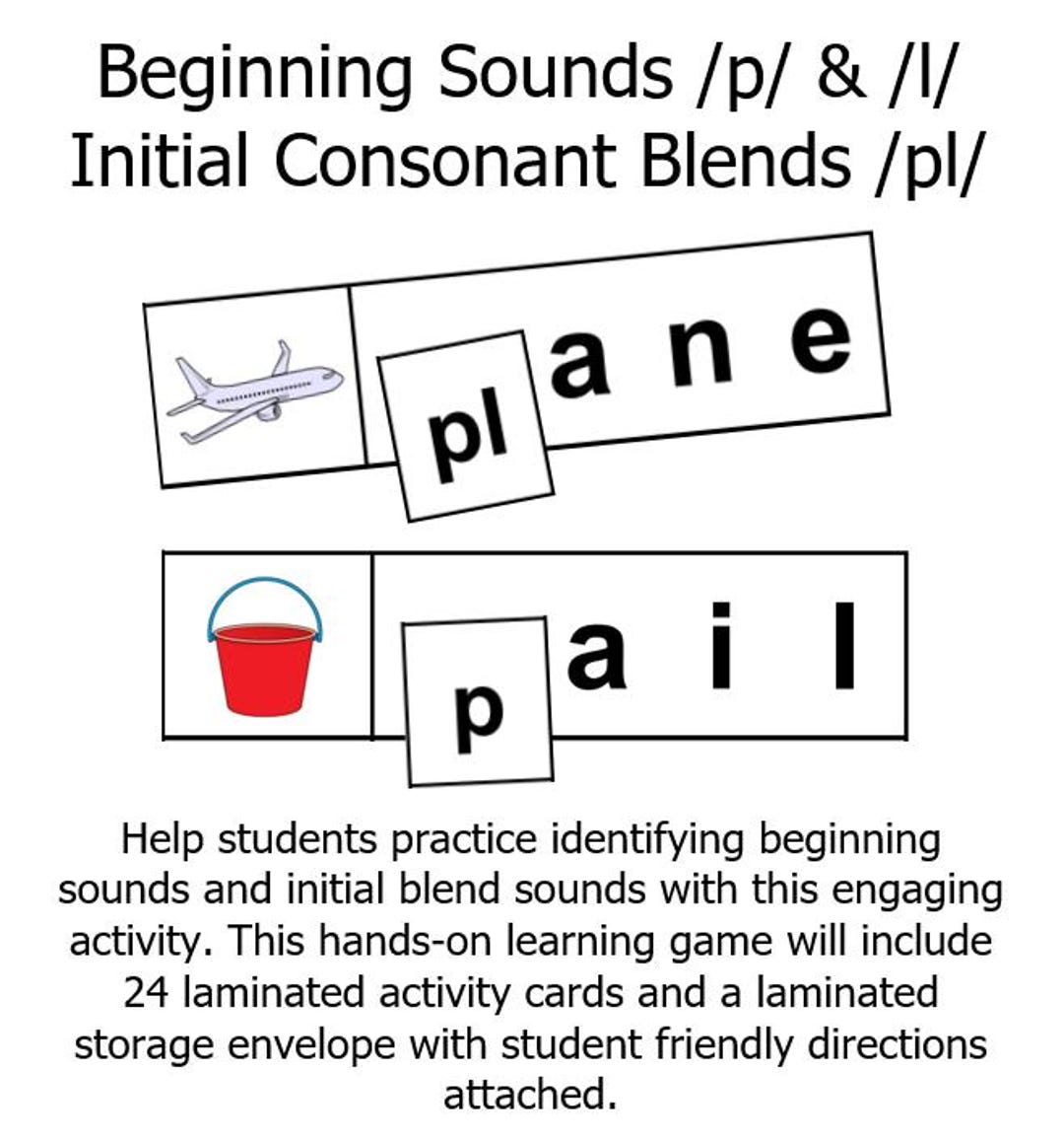 Beginning Sounds P & L Blends Pl Phonics Literacy Learning Activity ...