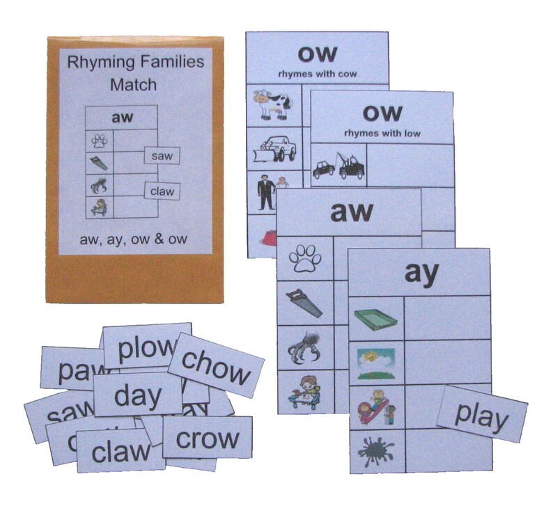 Teacher Depot Literacy Center Resource Game Rhyming Families Aw, Ay, Ow ...