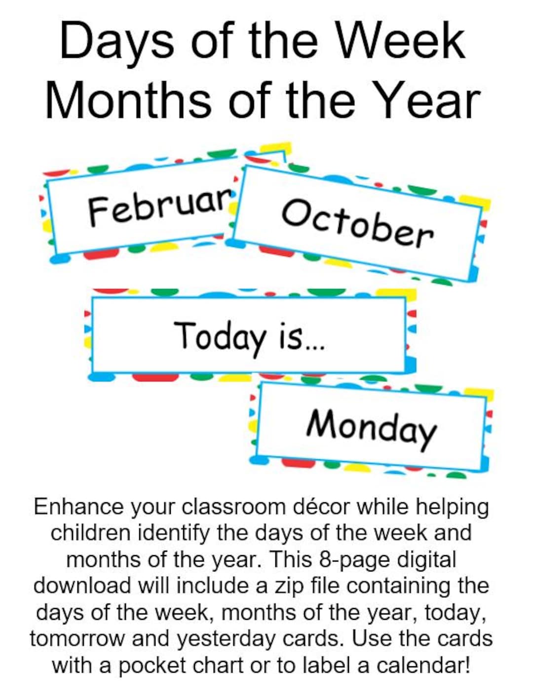 Calendar Days of the Week Months of the Year Digital Download Teacher ...