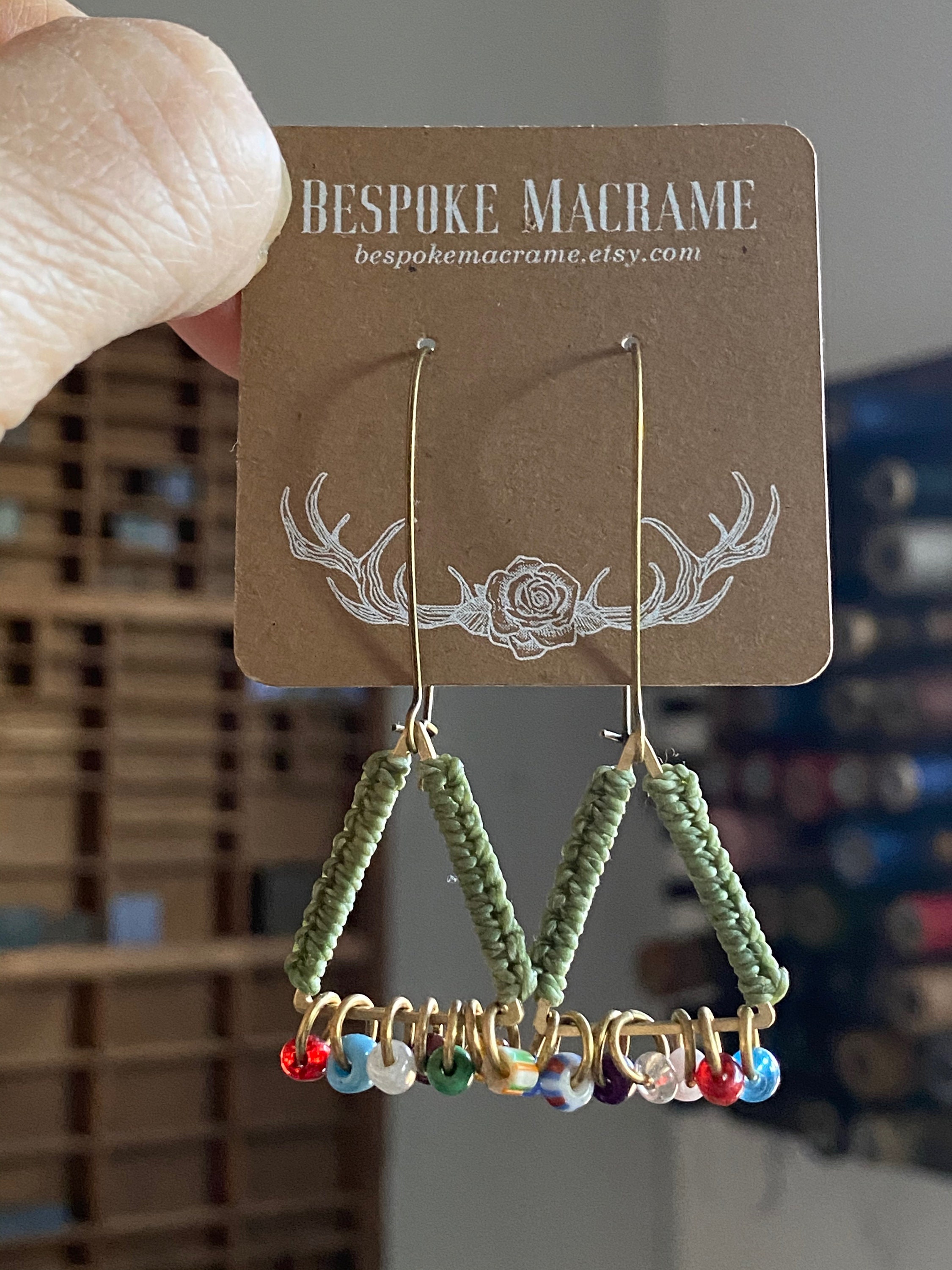 Micro Macrame Brass Triangle with Vintage Glass Carnival Seed | Etsy