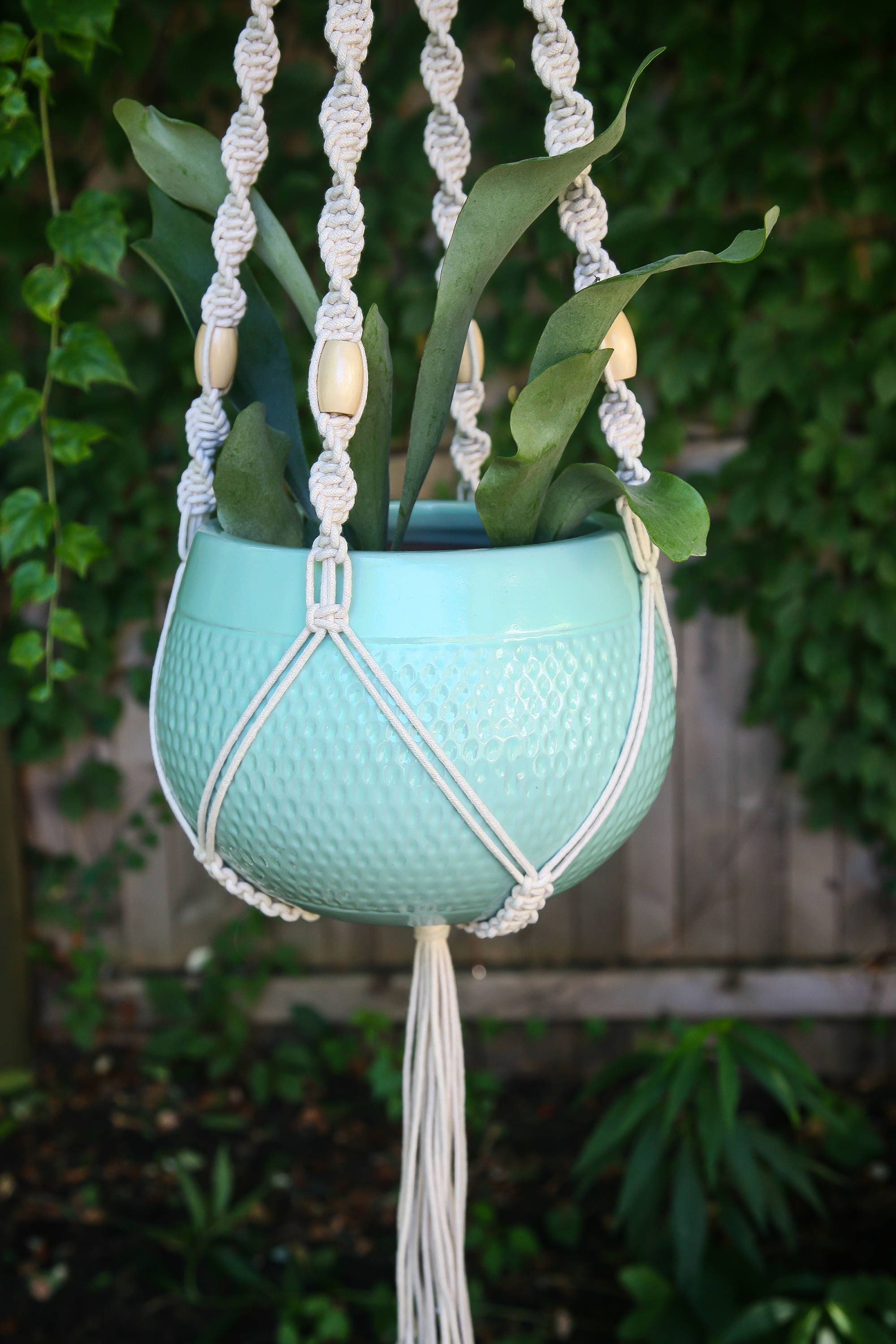 Large Macrame Plant Hanger With Natural Beads 4 Arm Twist - Etsy UK