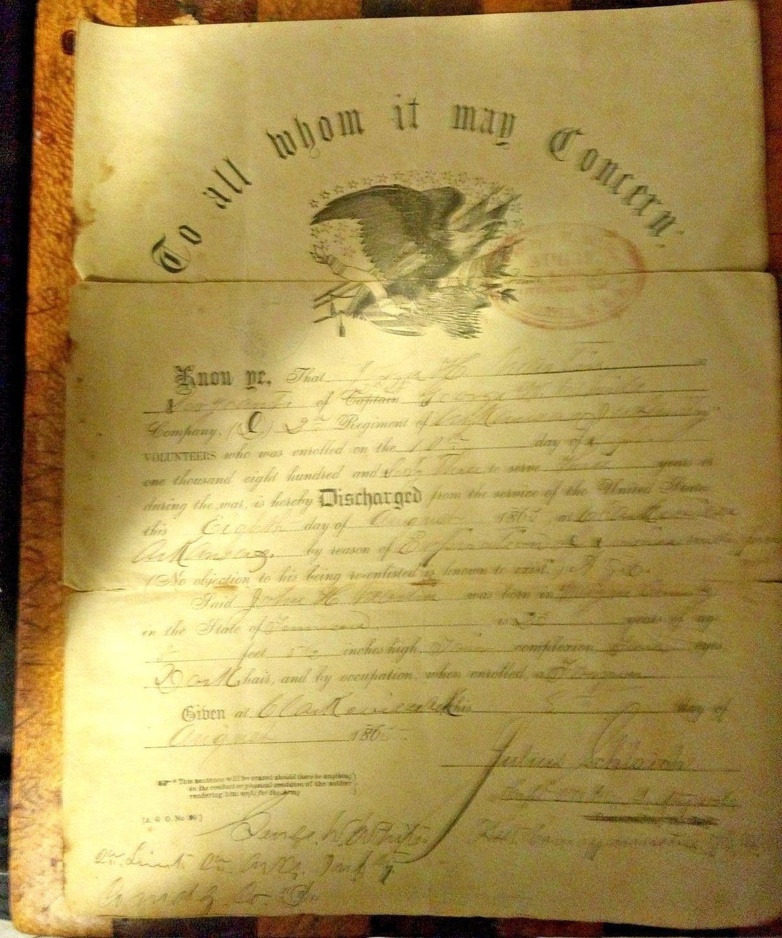 Civil War Discharge Papers George W. White Company Arkansas Infantry ...