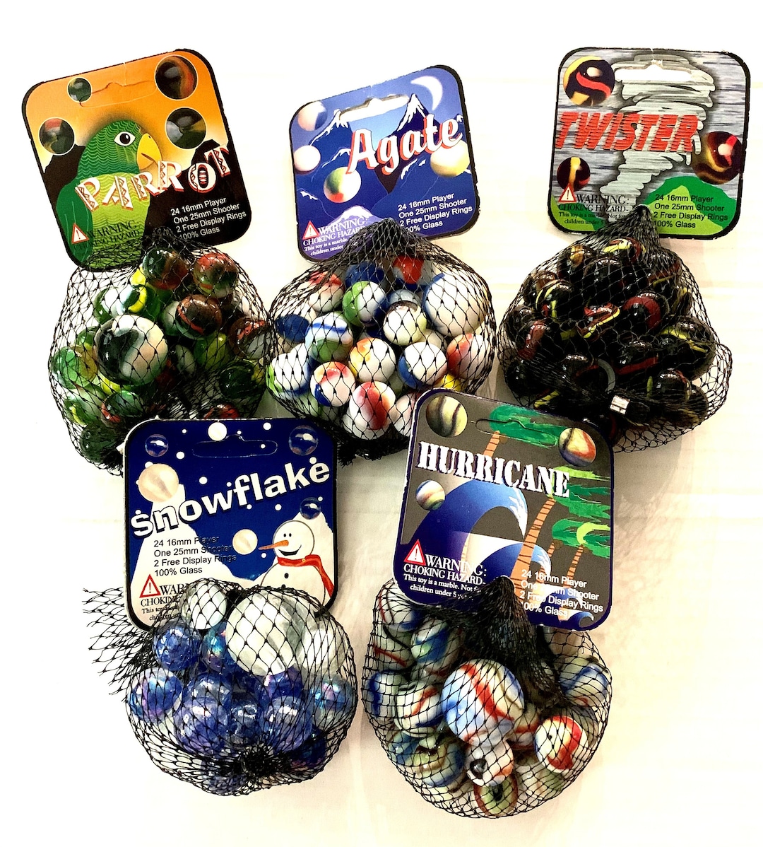 Lot of 5 Early Edition Mega Marbles Net Bags: Agate Hurricane Parrot ...
