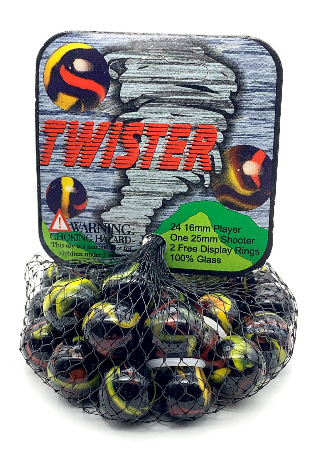Net Bag of 25 "twister" Glass Mega Marbles Black W Red & Yellow Ribbon ...