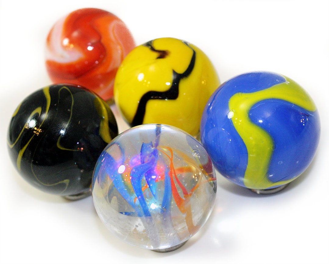 Pk 5 Massive Glass Marbles 42mm Carrot Bumble Bee Van Gogh Poison Frog ...