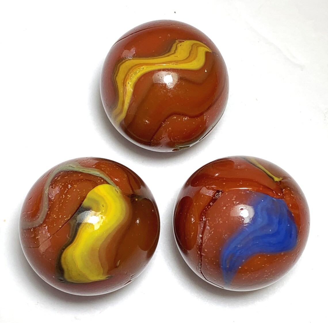 35mm Frozen Planet Pk 3 Giant Glass Marbles 1.4" Burnt Orange W Yellow ...