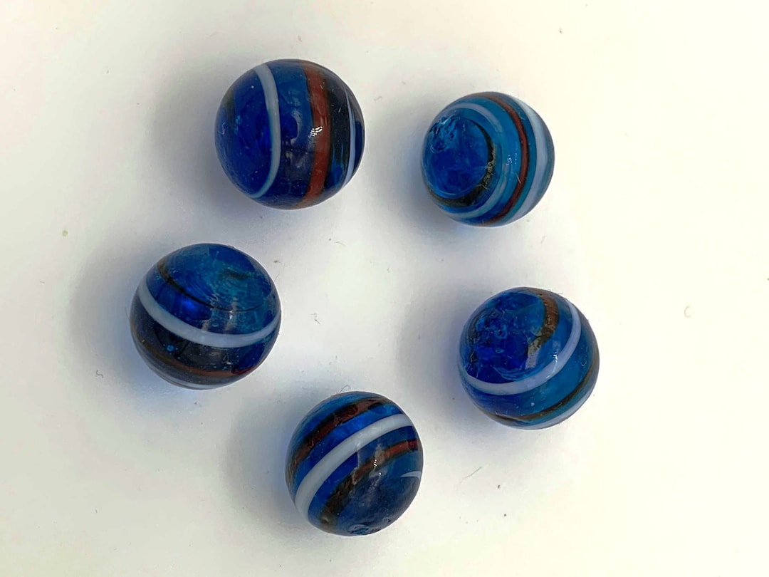 5pk 16mm Art Glass Player Blue Oblivion Marbles / Recycled Glass Clear ...