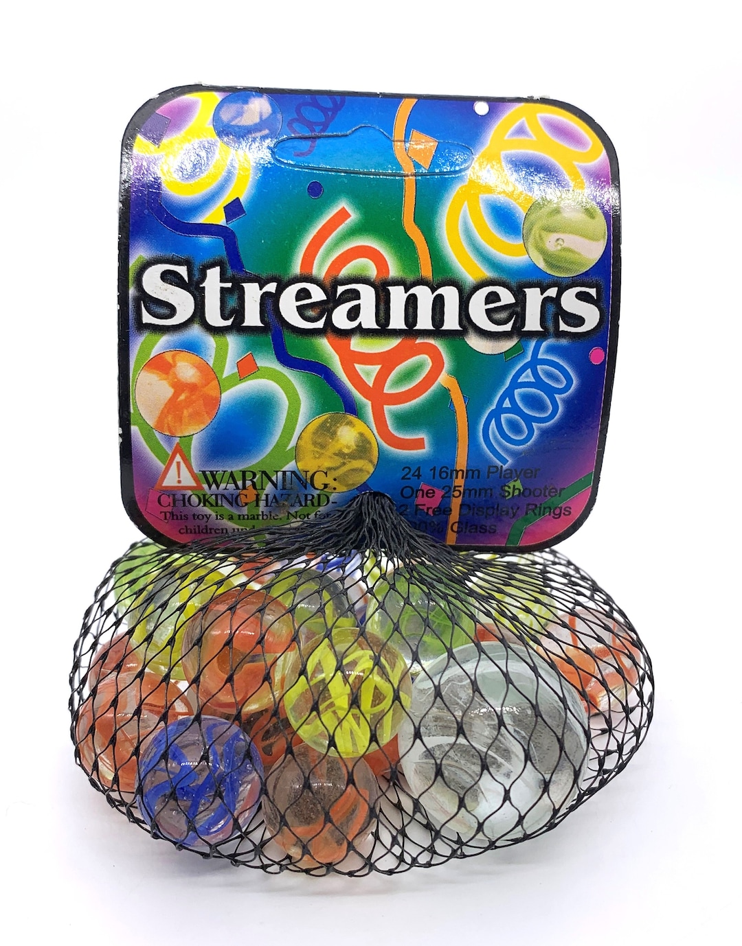 Net Bag 25 Streamers (spaghetti) Glass Mega Marbles Vacor Clear W ...