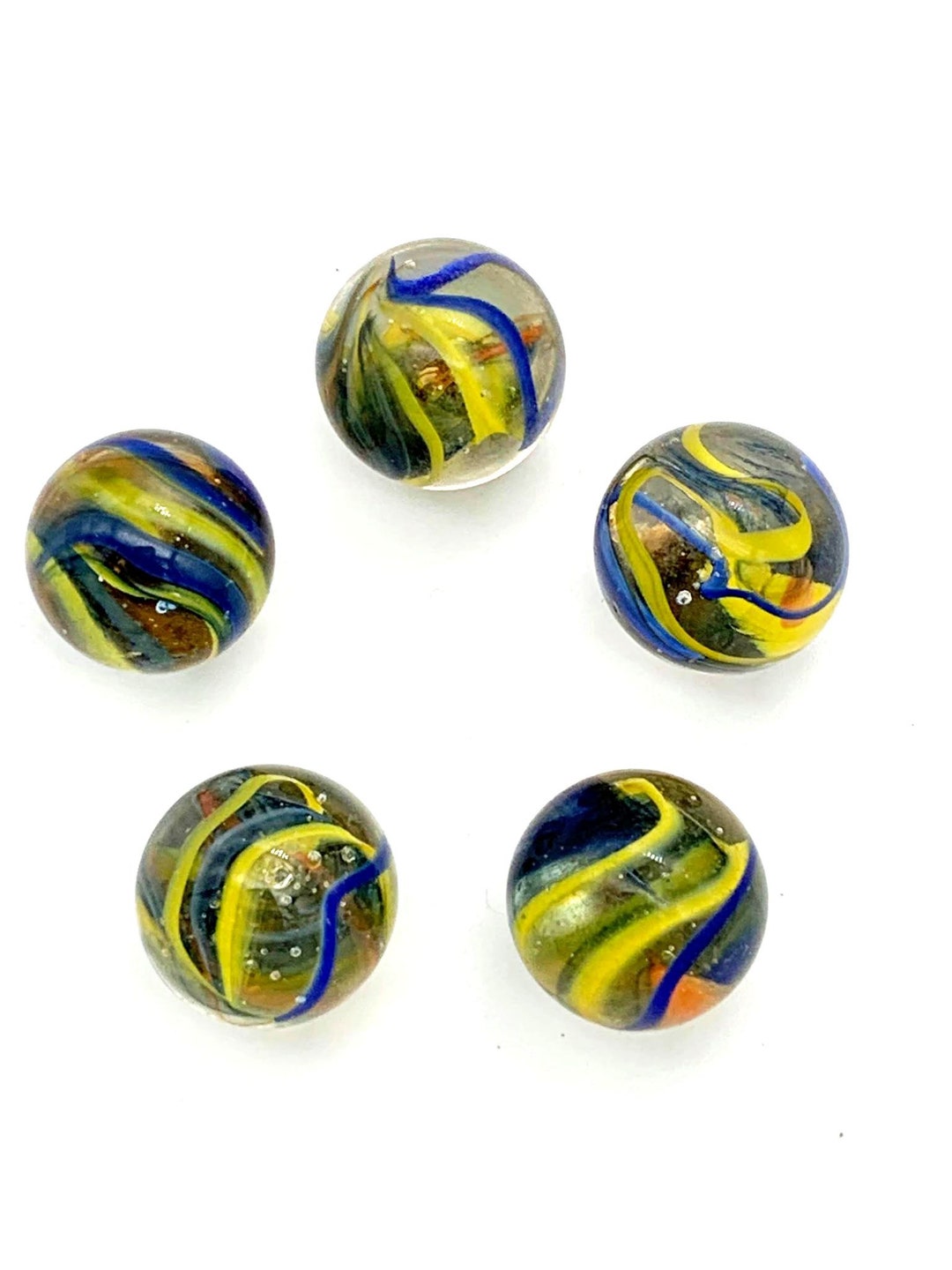 16mm Fiesta Ribbon Pack of 5 Glass Player Marbles Clear W Blue, Yellow ...