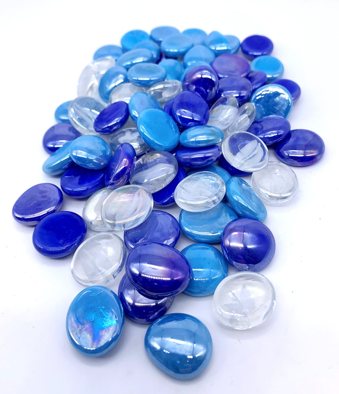 Electric Blue Assortment Round Iridescent Flat Glass Gems 3/4" Net Bags ...