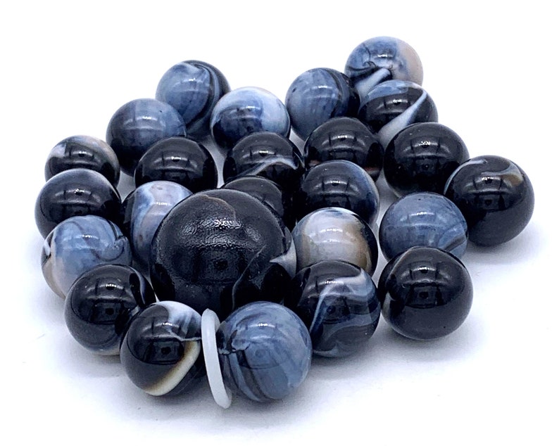 Net Bag of 25 "orca" Glass Mega Marbles Opaque Black With White Patches ...