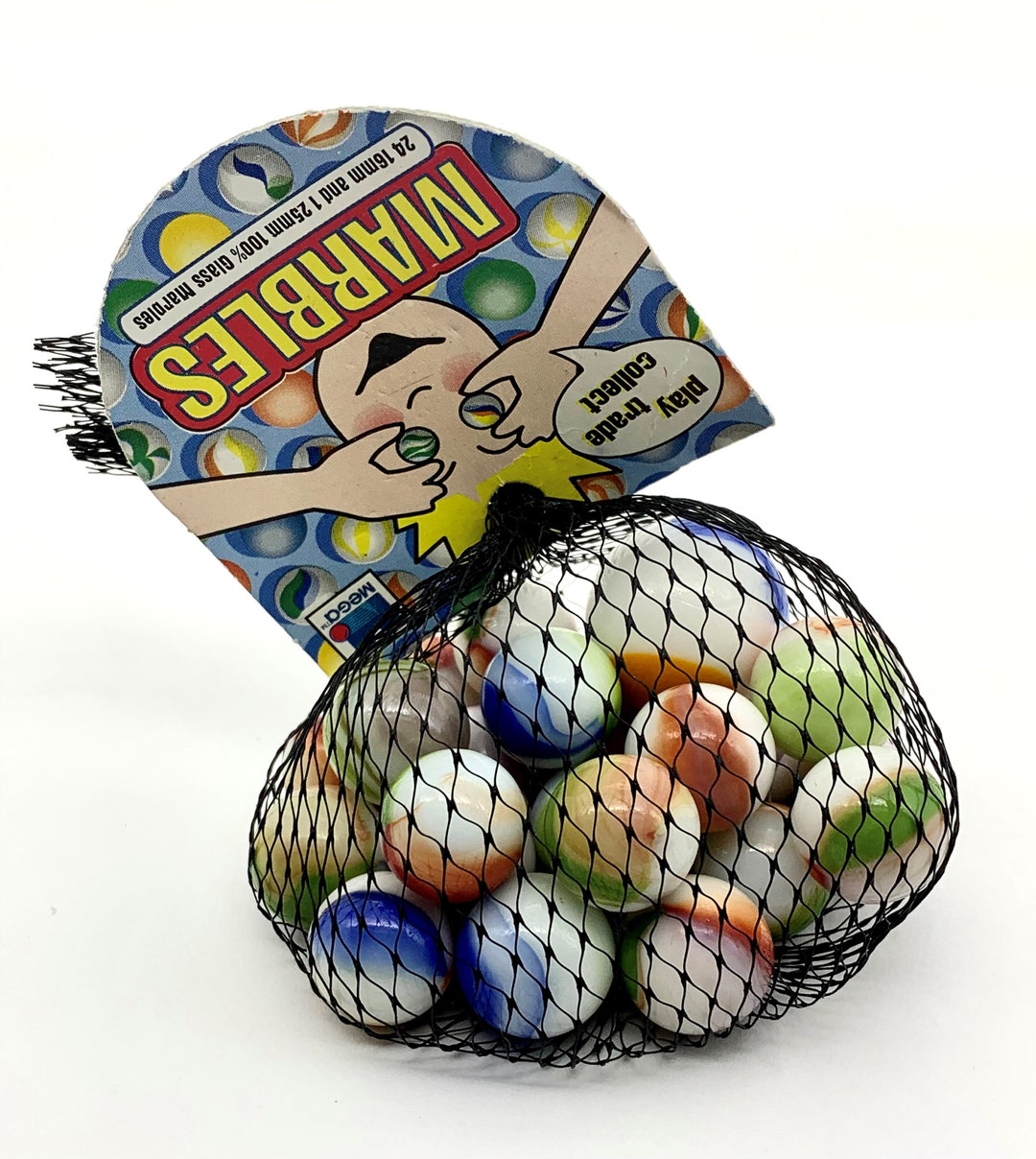 Net Bag of 25 Classic Agate Glass Mega Marbles Early Edition White W ...