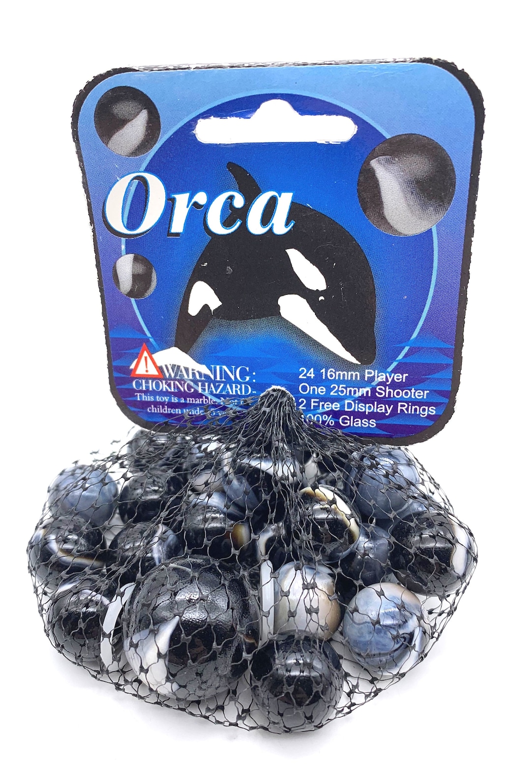 Net Bag of 25 "orca" Glass Mega Marbles Opaque Black With White Patches ...