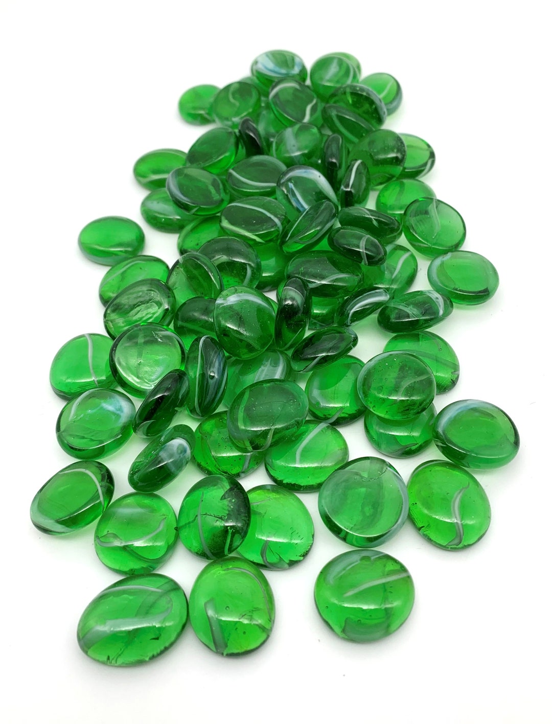 Round Transparent Flat Glass Gems 3/4" Green With White Swirls Net Bags ...