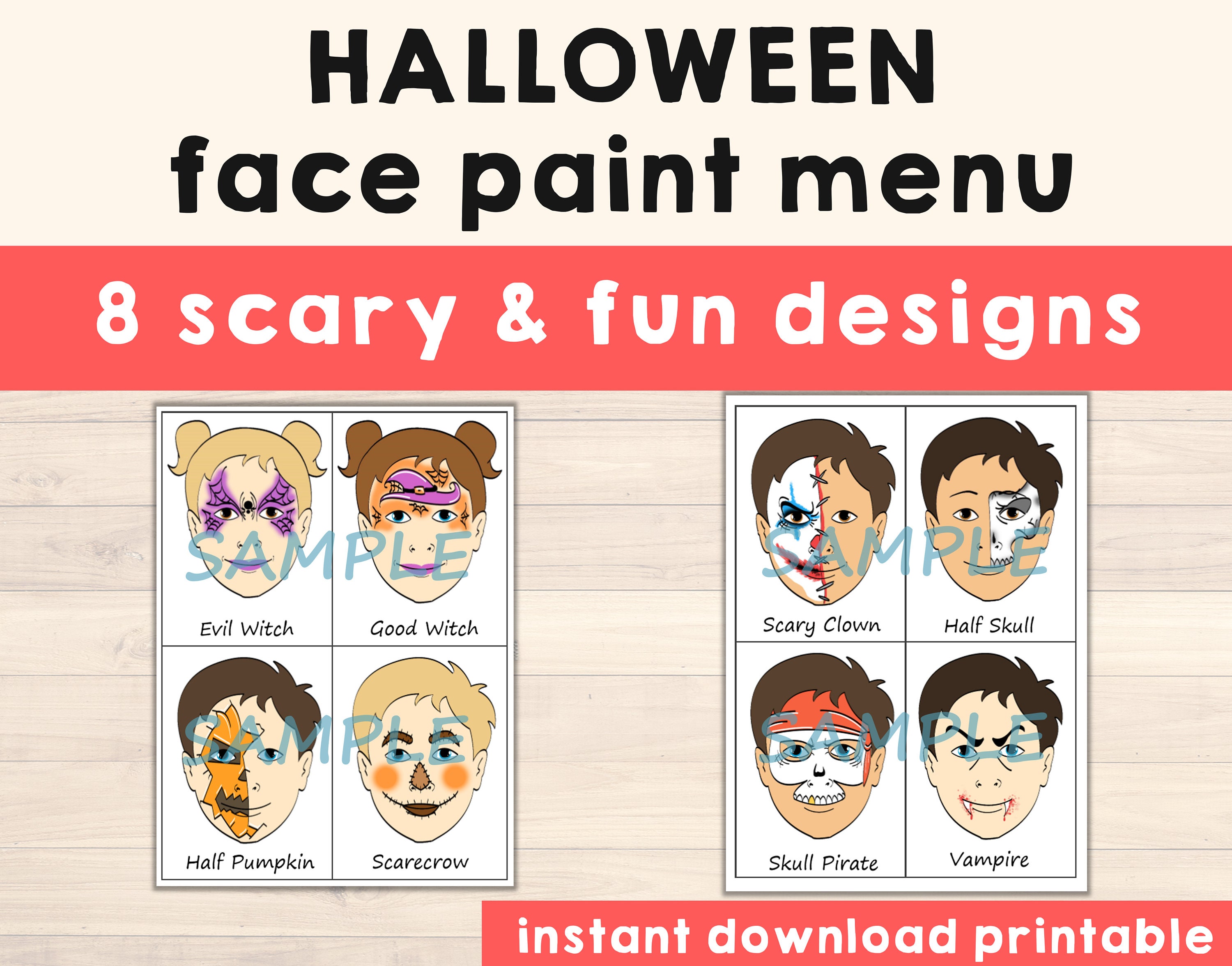 Face Paint Menu Printable Choice Cartoon Face Painting Designs Pack of ...