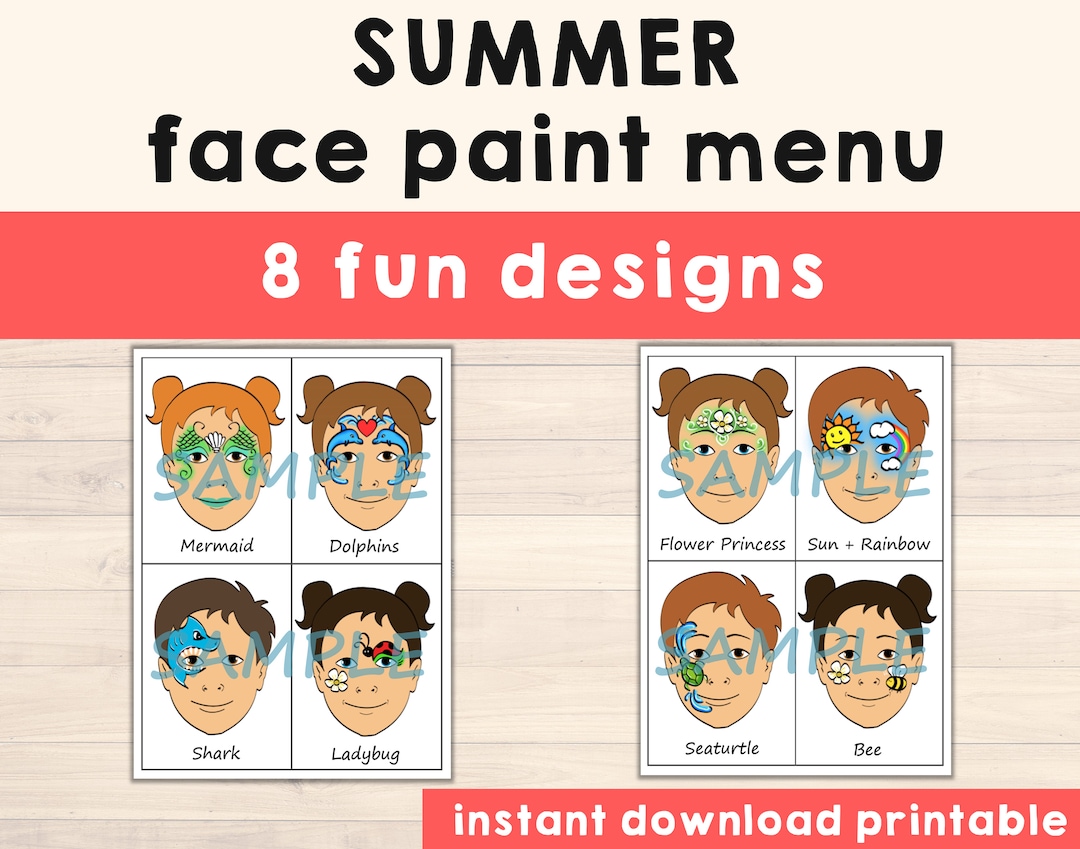 Face Paint Menu Printable Choice Cartoon Face Painting Designs - Pack ...