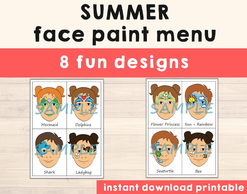 Face Paint Menu Printable Choice Cartoon Face Painting Designs - Pack ...