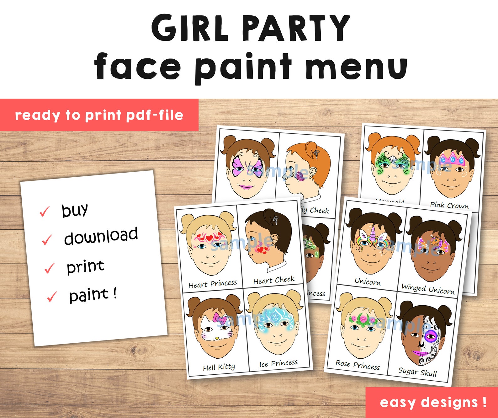 Face Painting Menu Board Girly Choice Kids Paint - Pack of 16 Girl Face ...