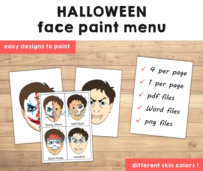 Face Paint Menu Printable Choice Cartoon Face Painting Designs - Pack ...