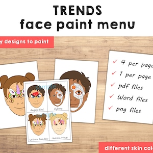 Face Painting Menu Board Choice Kids Paint - Pack of 16 Trendy Full ...