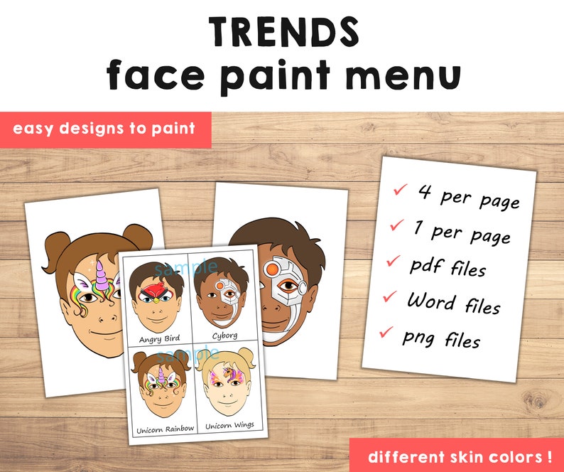 Face Painting Menu Board Choice Kids Paint - Pack of 16 Trendy Full ...