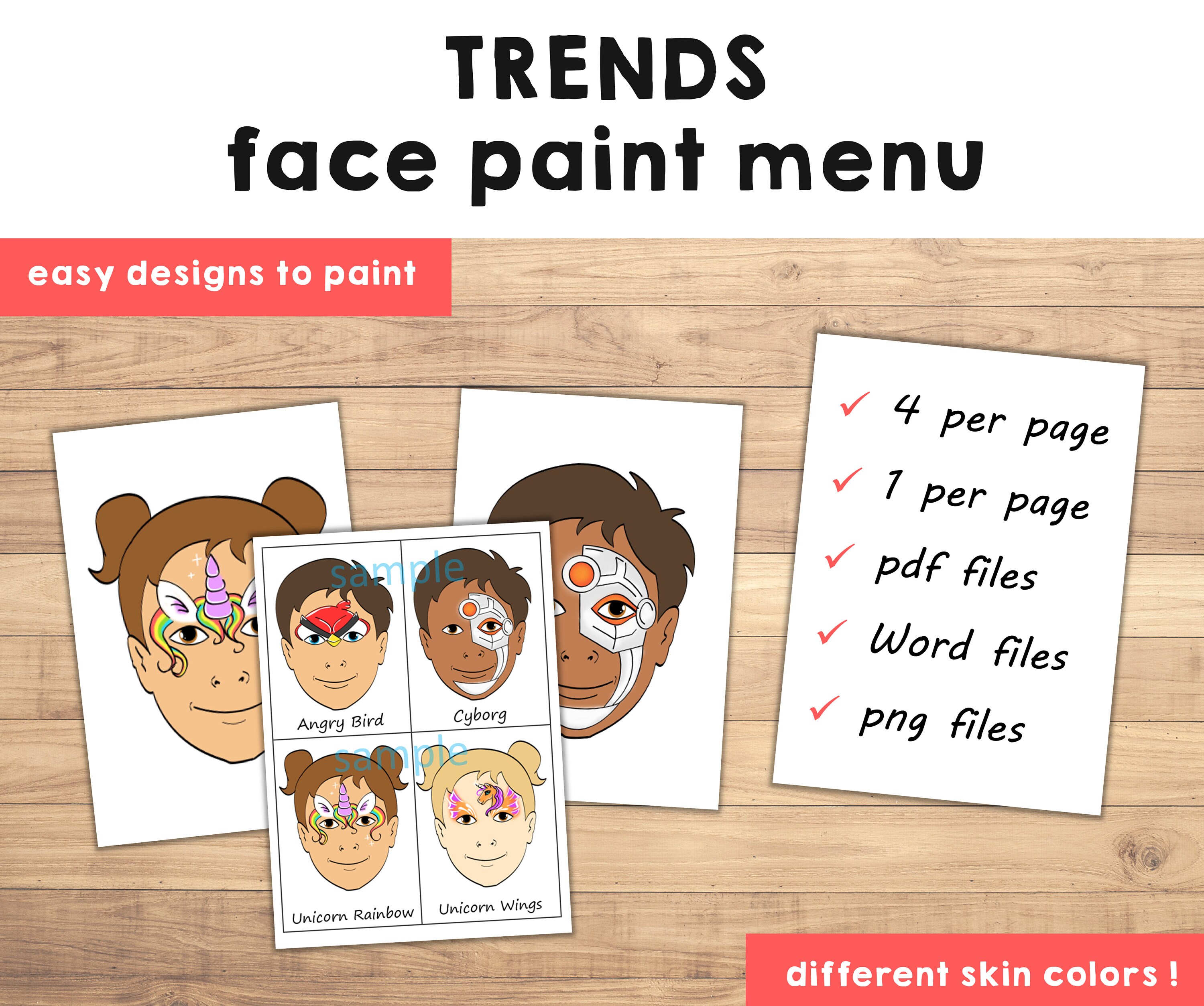 Face Painting Menu Board Choice Kids Paint - Pack of 16 Trendy Full ...