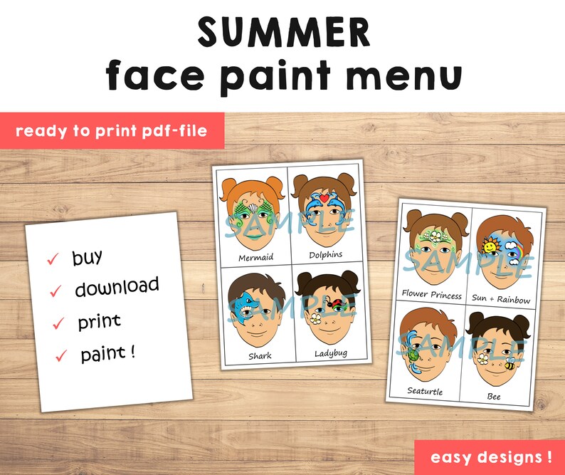Face Paint Menu Printable Choice Cartoon Face Painting Designs - Pack ...
