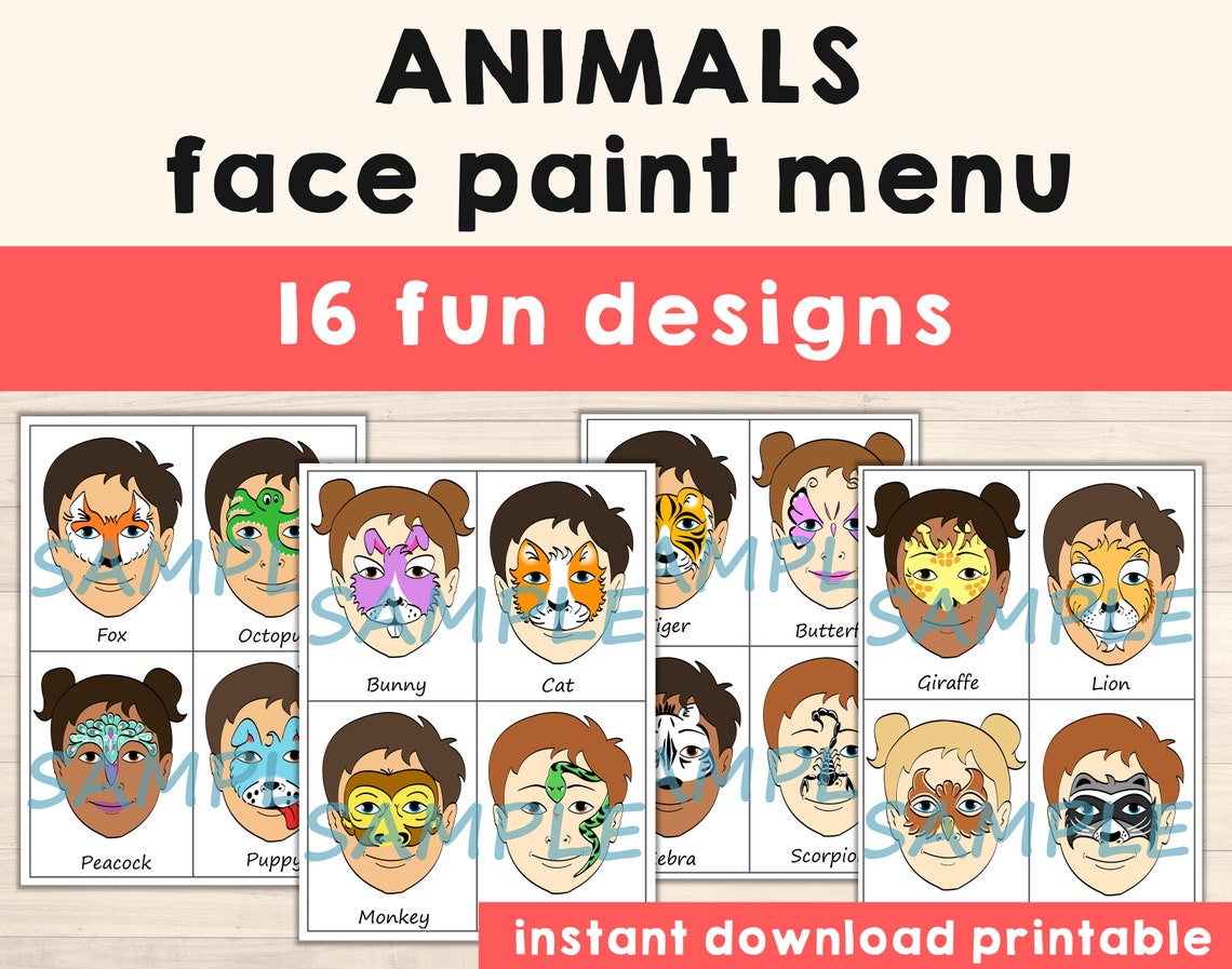Face Paint Menu Printable Choice Face Painting Designs - Pack of 16 ...
