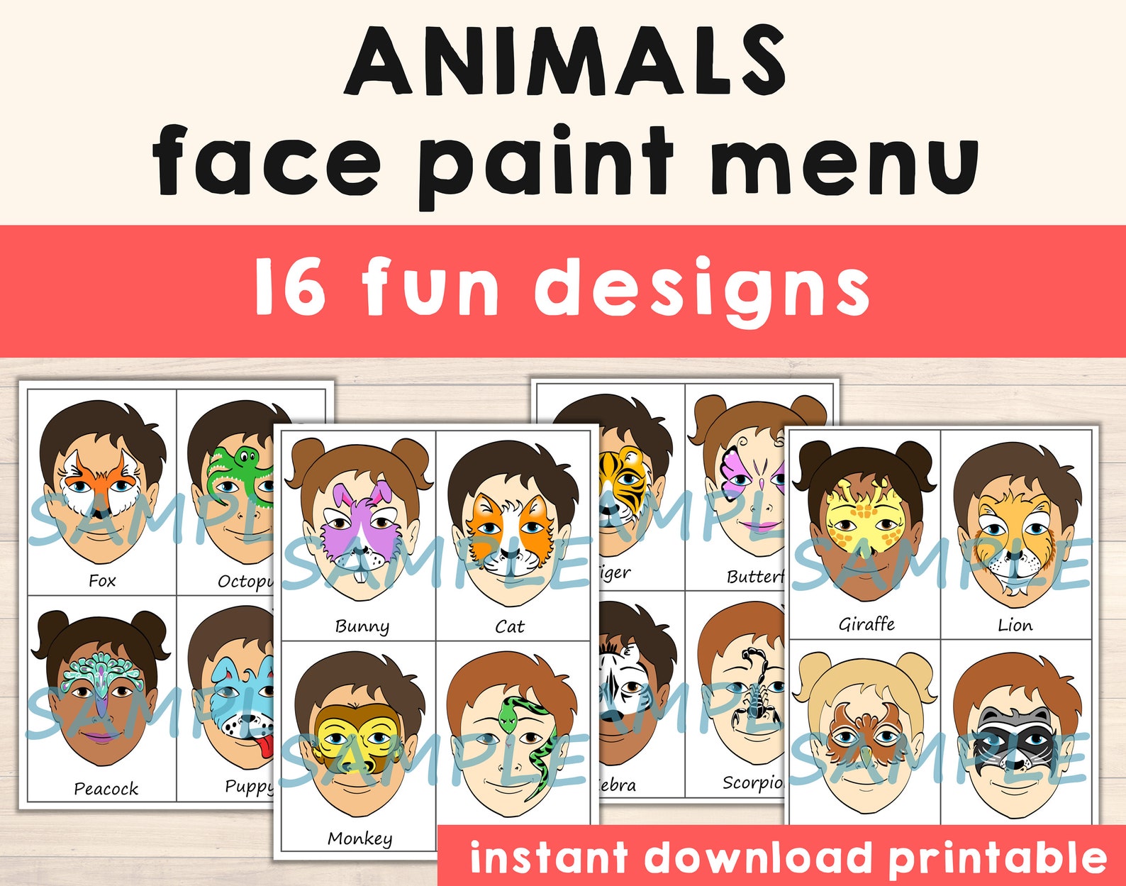 Face Paint Menu Printable Choice Face Painting Designs - Pack of 16 ...