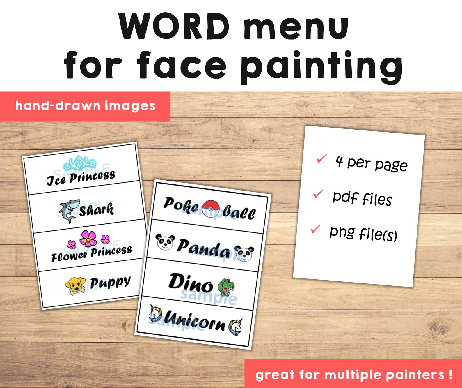Face Paint Menu Word Board - 20 Popular Designs - Face Painting Choice ...