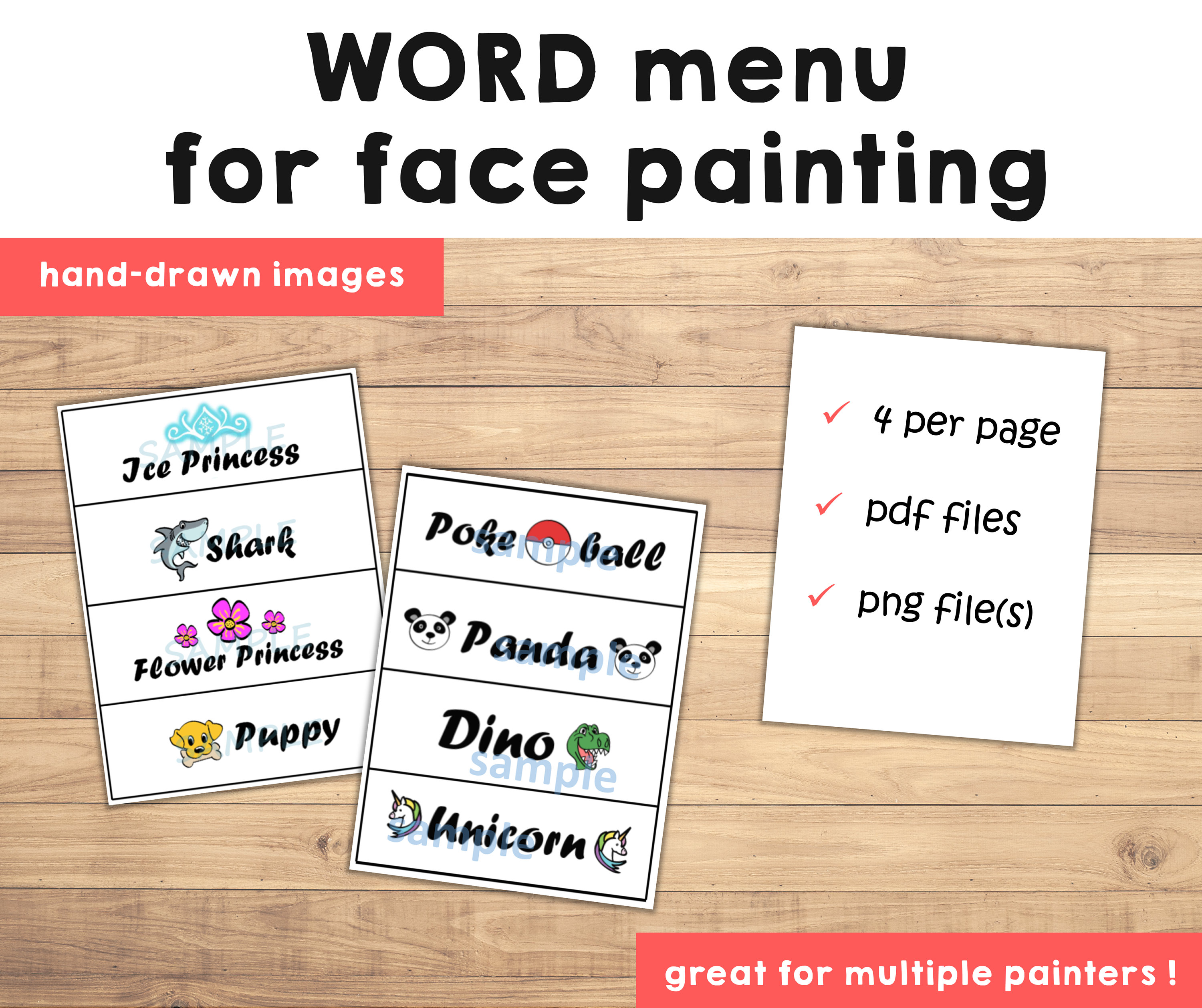 Face Paint Menu Word Board - 20 Popular Designs - Face Painting Choice ...