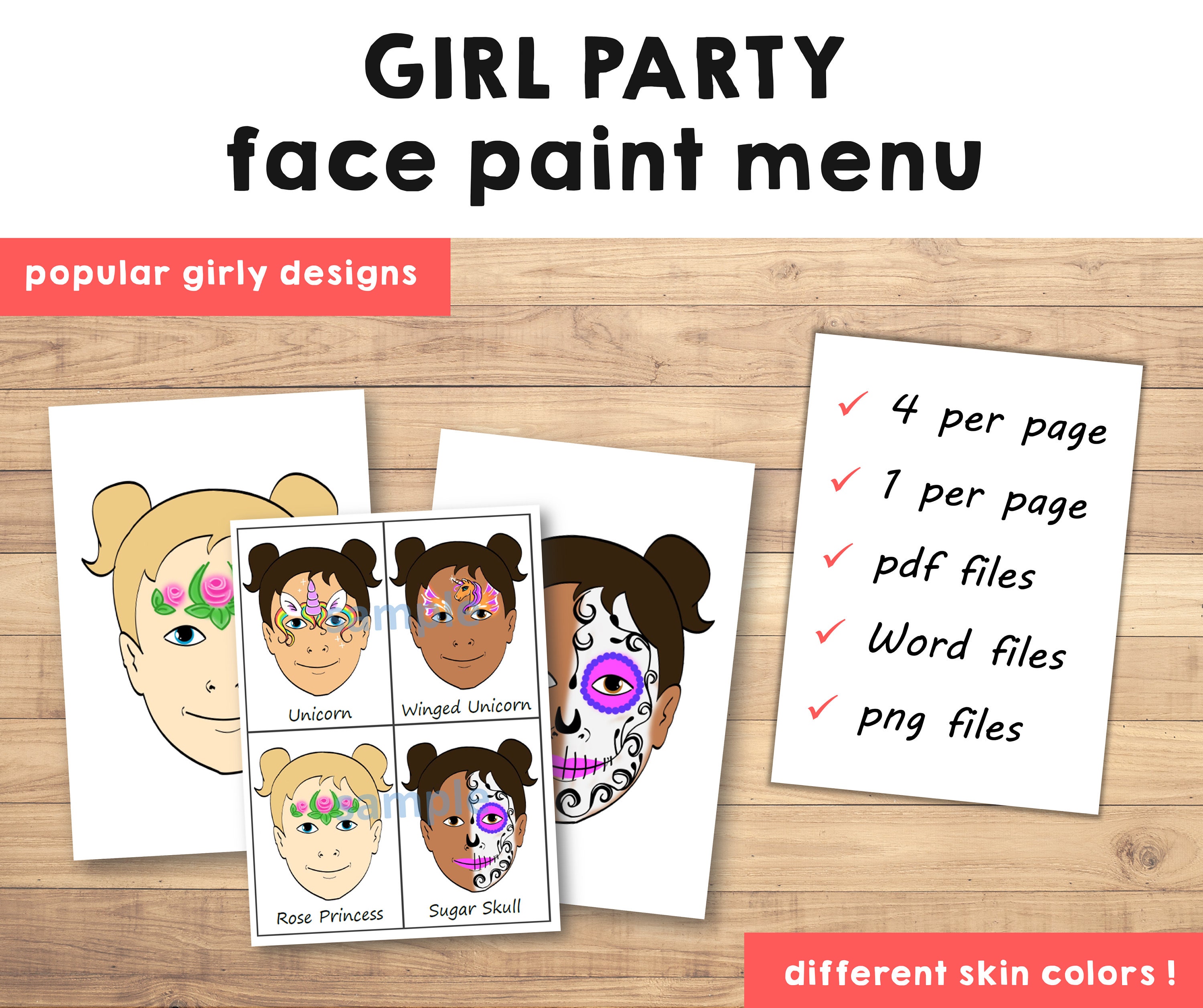 Face Painting Menu Board Girly Choice Kids Paint - Pack of 16 Girl Face ...