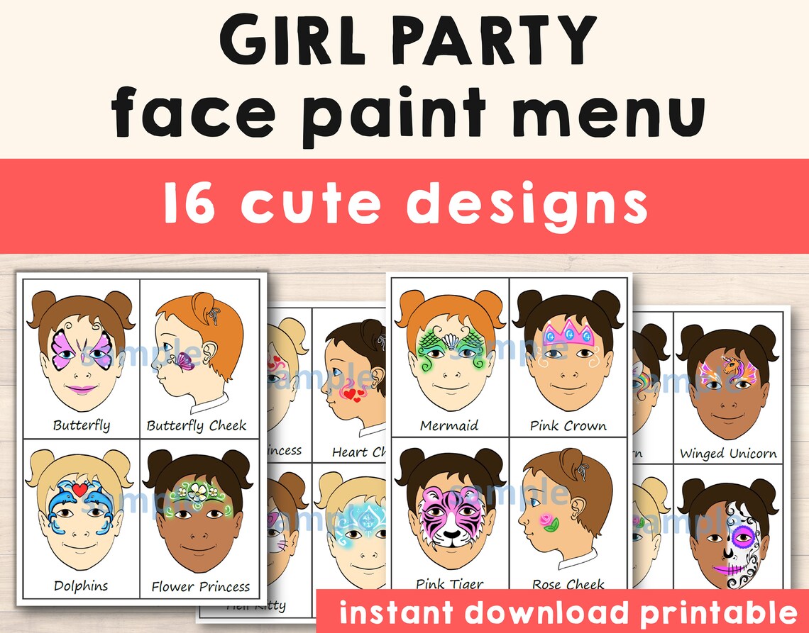 Face Painting Menu Board Girly Choice Kids Paint - Pack of 16 Girl Face ...