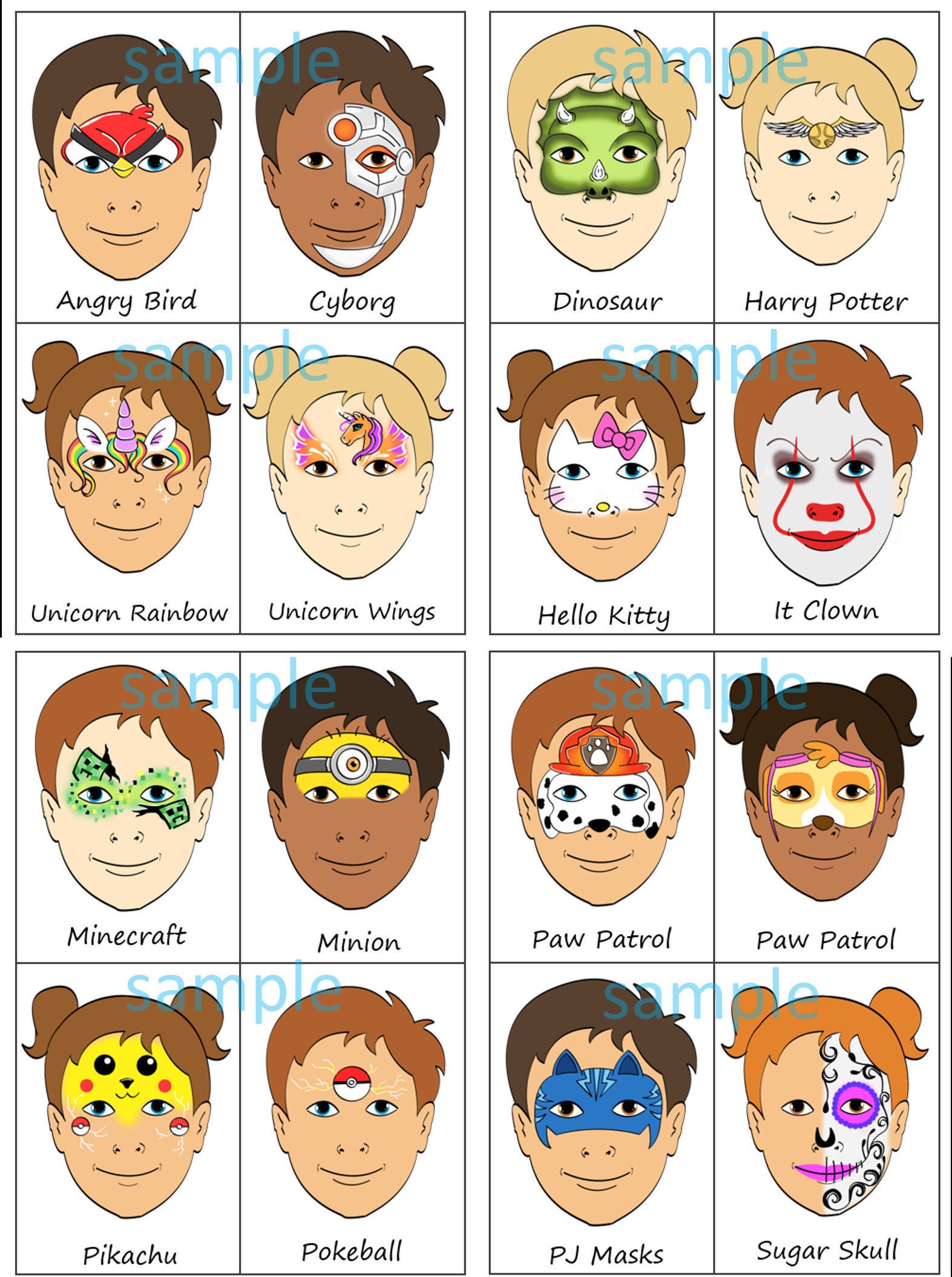 Face Painting Menu Board Choice Kids Paint - Pack of 16 Trendy Full ...