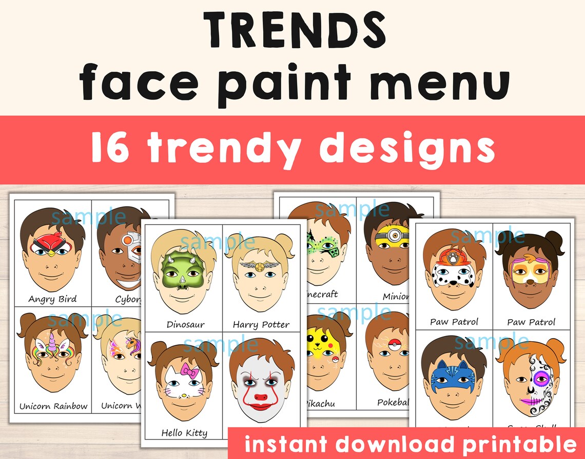 Face Painting Menu Board Choice Kids Paint - Pack of 16 Trendy Full ...