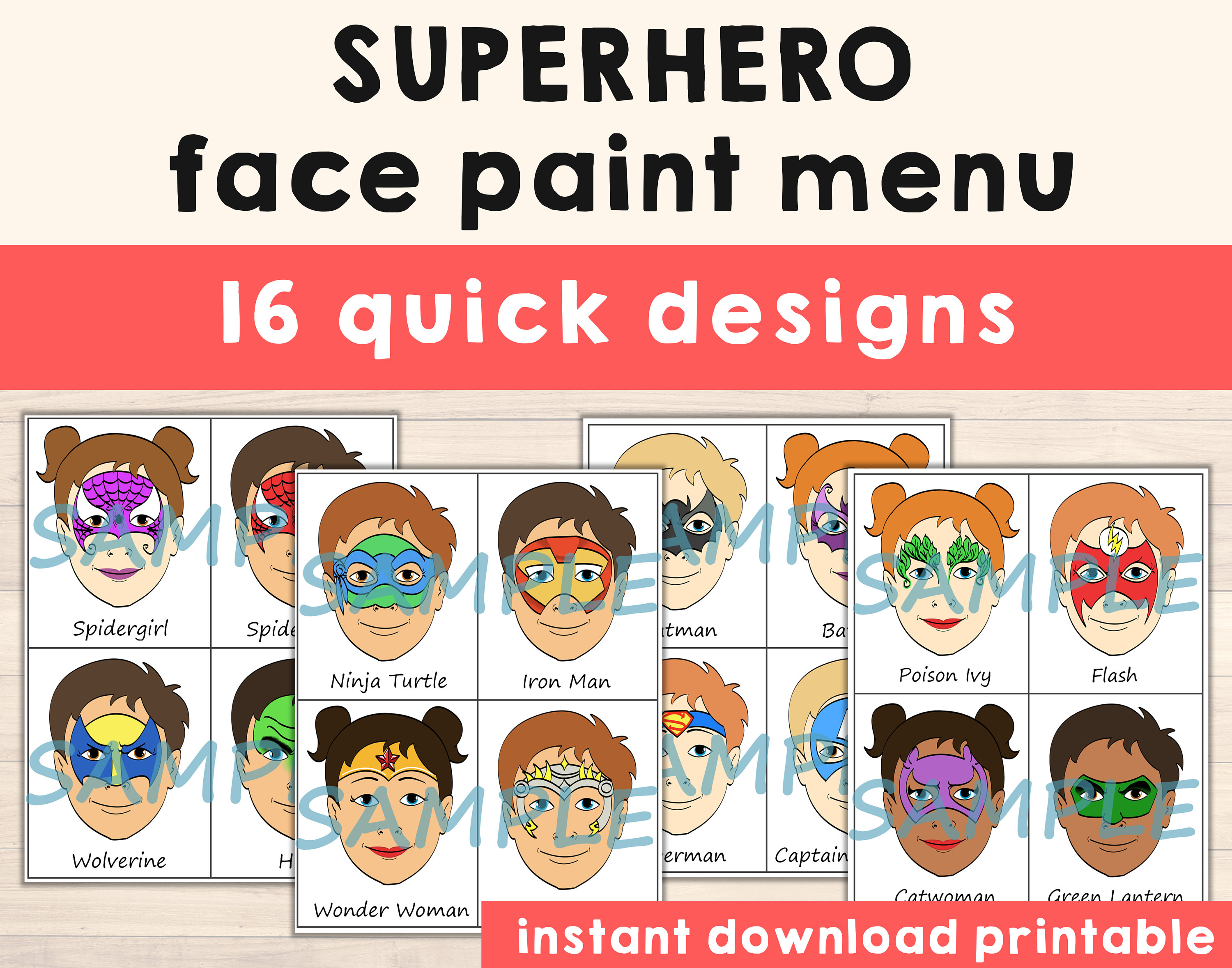 Face Paint Menu Printable Cartoon Kids Choice Face Painting - Pack of ...