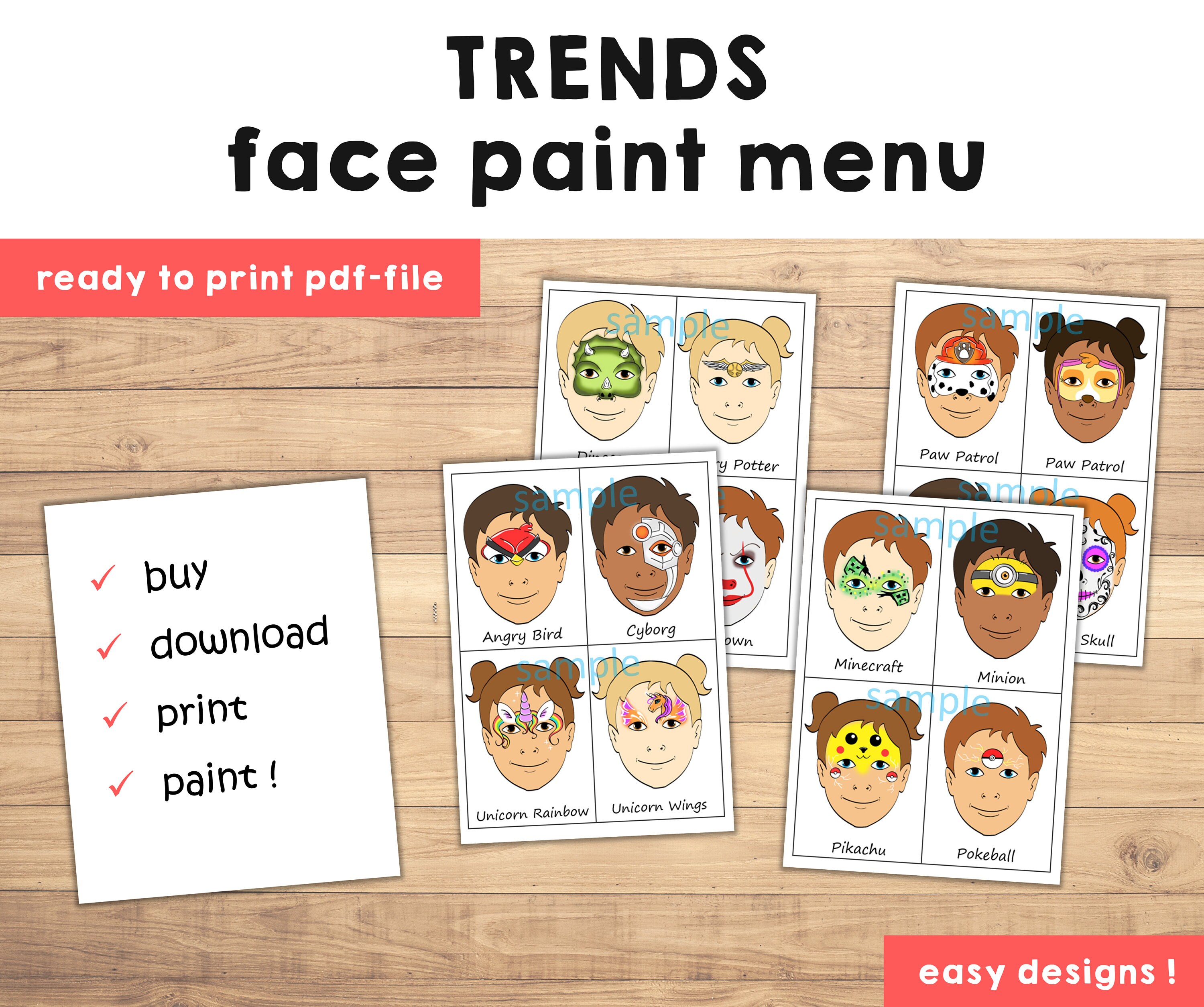 Face Painting Menu Board Choice Kids Paint - Pack of 16 Trendy Full ...