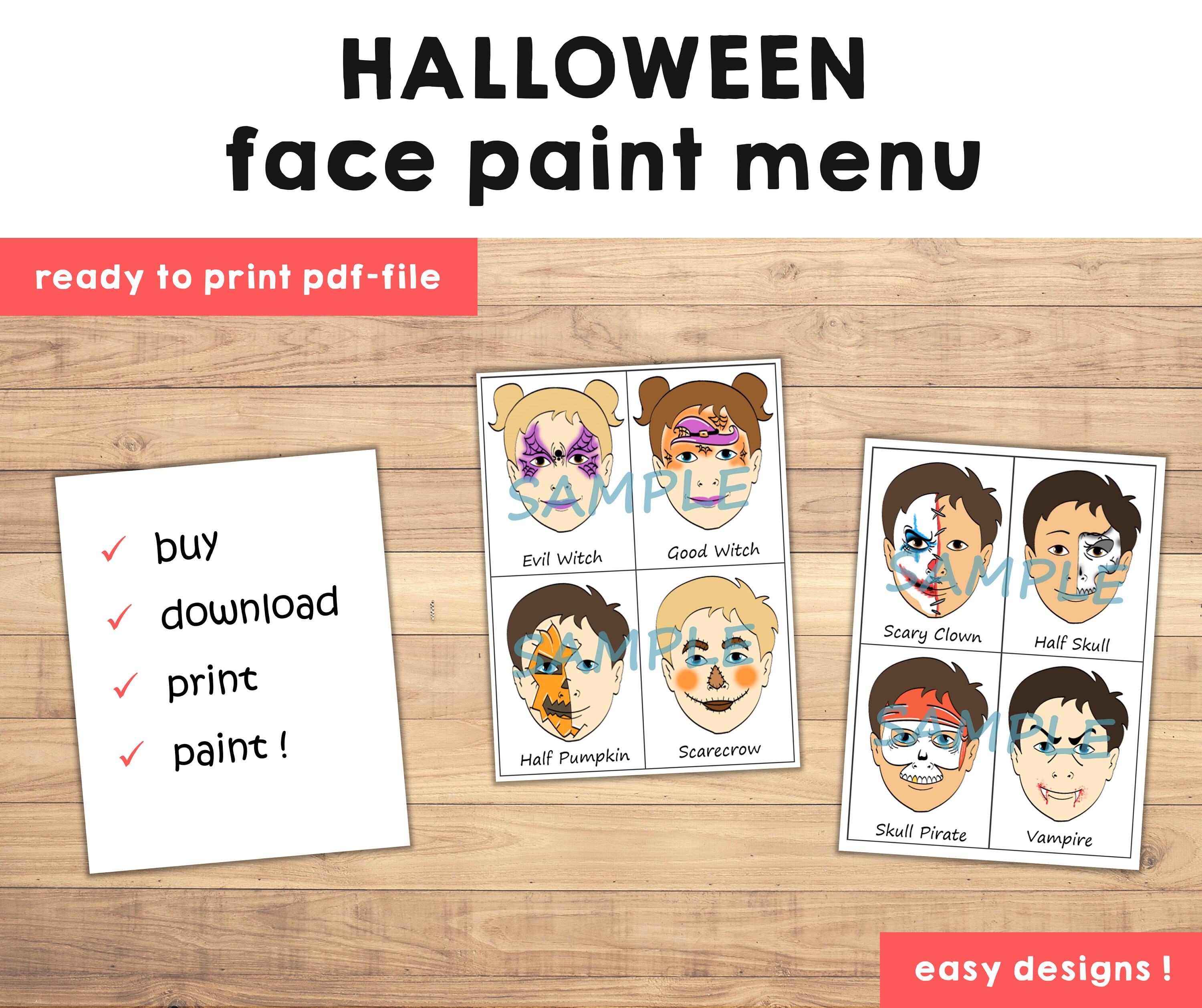 Face Paint Menu Printable Choice Cartoon Face Painting Designs Pack of ...