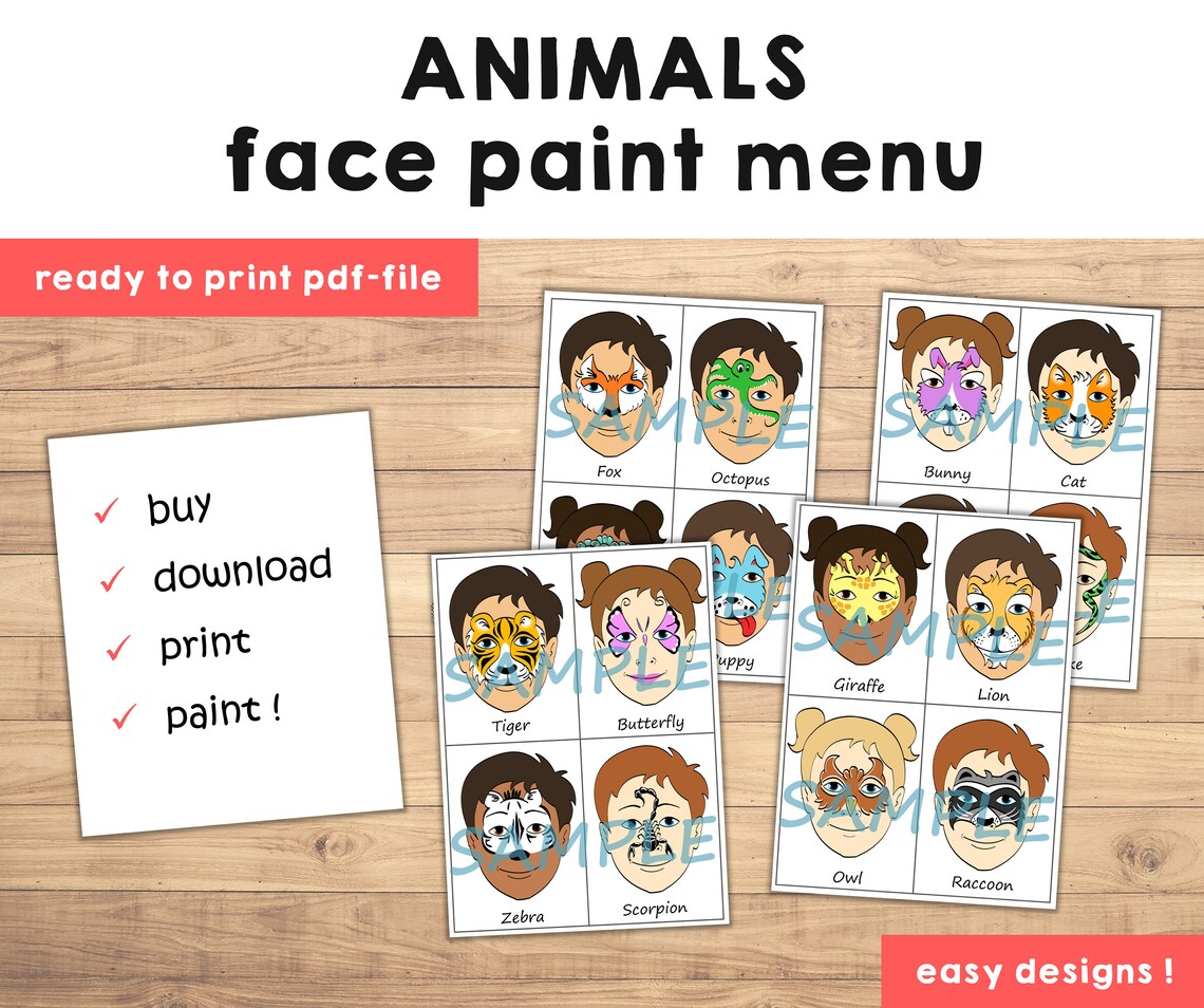 Face Paint Menu Printable Choice Face Painting Designs - Pack of 16 ...