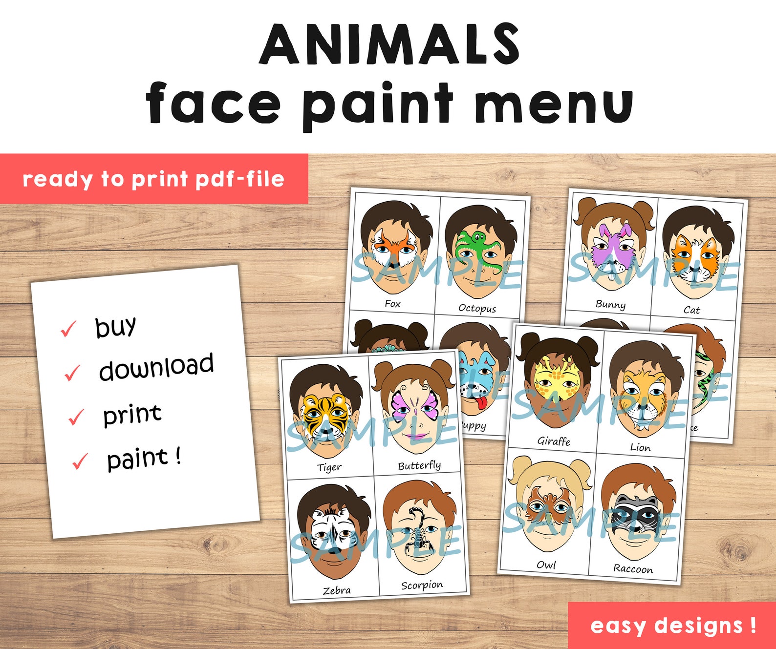 Face Paint Menu Printable Choice Face Painting Designs - Pack of 16 ...
