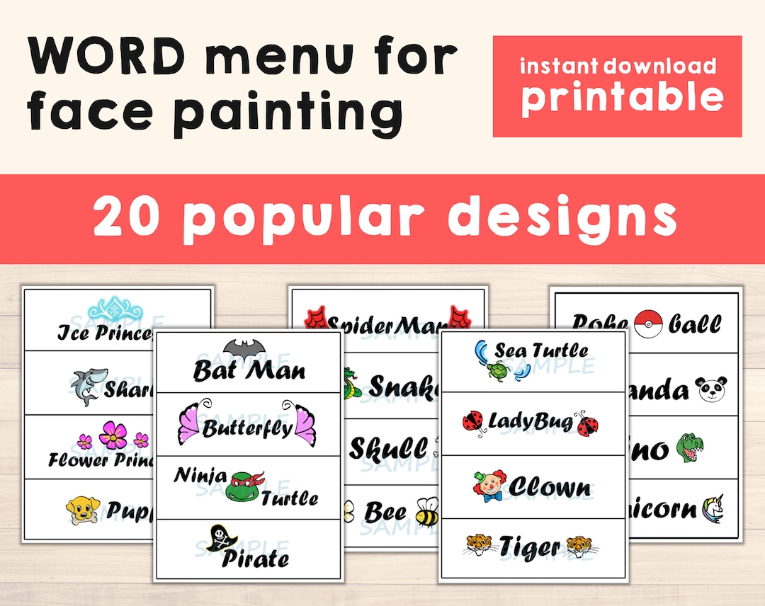 Face Paint Menu Word Board - 20 Popular Designs - Face Painting Choice ...
