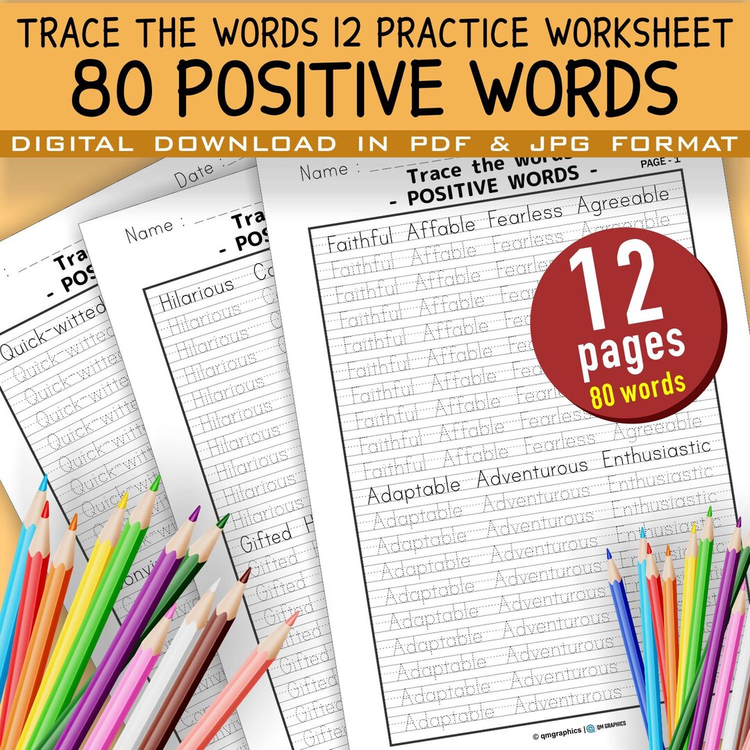 80 Positive Words Trace 12 Worksheets Printable Name Tracing - Etsy