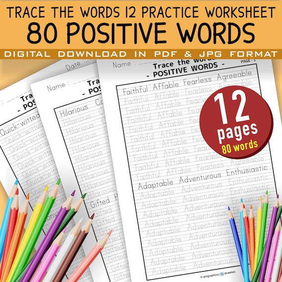 80 Positive Words Trace 12 Worksheets Print-ready - Etsy