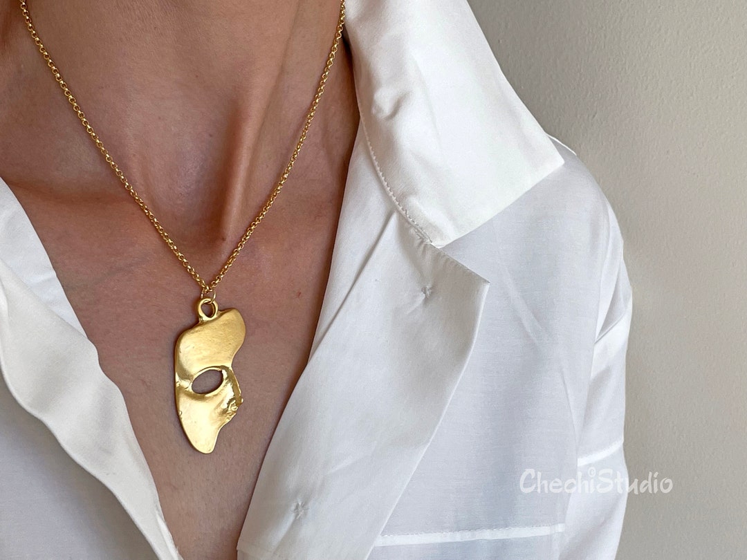 Gold Mask Pendant Necklace, Phantom of the Opera Necklace, Layering ...